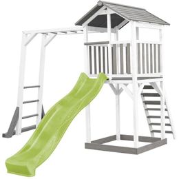 AXI Beach Tower Spielturm aus Holz in Weiß & Grau Spielhaus für Kinder mit hellgrüner Rutsche, Klettergerüst und Sandkasten Stelzenhaus für den Garten