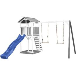 AXI Beach Tower Spielturm aus Holz in Weiß & Grau Spielhaus für Kinder mit blauer Rutsche, Doppelschaukel und Sandkasten Stelzenhaus für den Garten