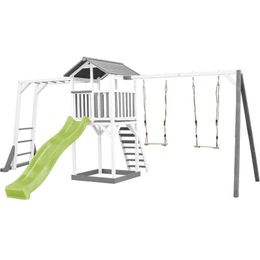 AXI Beach Tower Spielturm aus Holz in Weiß & Grau Spielhaus für Kinder mit hellgrüner Rutsche, Klettergerüst, Doppelschaukel und Sandkasten Stelzenhaus