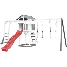AXI - Beach Tower Spielturm aus Holz in Weiß & Grau Spielhaus für Kinder mit roter Rutsche, Klettergerüst, Doppelschaukel und Sandkasten Stelzenhaus