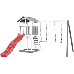AXI Beach Tower Spielturm aus Holz in Weiß & Grau Spielhaus für Kinder mit roter Rutsche, Doppelschaukel und Sandkasten Stelzenhaus für den Garten - Weiß