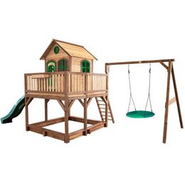 AXI - Spielhaus Liam mit Sandkasten, Summer Nestschaukel & grüner Rutsche Stelzenhaus xxl in Braun & Grün aus fsc Holz für Kinder Spielturm mit