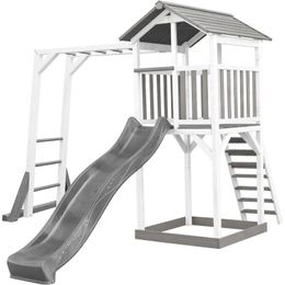 AXI Beach Tower Spielturm aus Holz in Weiß & Grau Spielhaus für Kinder mit grauer Rutsche, Klettergerüst und Sandkasten Stelzenhaus für den Garten - Weiß