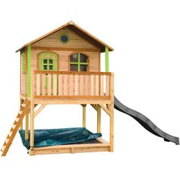 AXI Spielhaus Marc mit Sandkasten & grauer Rutsche Stelzenhaus in Braun & Grün aus fsc Holz für Kinder Spielturm mit Wellenrutsche für den Garten - Braun