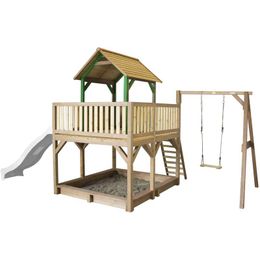 AXI - Spielhaus Atka mit Sandkasten, Schaukel & weißer Rutsche Stelzenhaus in Braun & Grün aus fsc Holz für Kinder Spielturm mit Wellenrutsche für