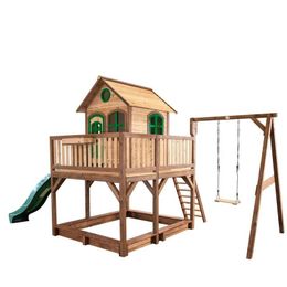 AXI Spielhaus Liam mit Sandkasten, Schaukel & grüner Rutsche Stelzenhaus xxl in Braun & Grün aus fsc Holz für Kinder Spielturm mit Wellenrutsche für den