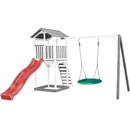 AXI - Beach Tower Spielturm aus Holz in Weiß & Grau Spielhaus für Kinder mit roter Rutsche, Summer Nestschaukel und Sandkasten Stelzenhaus für den