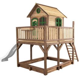 AXI - Spielhaus Liam mit Sandkasten & weißer Rutsche Stelzenhaus xxl in Braun & Grün aus fsc Holz für Kinder Spielturm mit Wellenrutsche für den