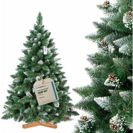 Fairytrees - Weihnachtsbaum künstlich 150cm Kiefer mit Christbaum Holzständer Tannenbaum künstlich mit Natur-Weiss beschneit Made in eu