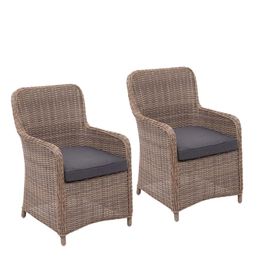 2er-Set Poly-Rattan Stuhl MCW-E98, Rattanstuhl Gartenstuhl Korbsessel, Spun Poly halbrundes Rattan beige Kissen grau