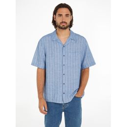 Kurzarmhemd Calvin Klein "LINEN COTTON STRIPE S/S SHIRT" Gr. L, N-Gr, blau (delta blue) Herren Hemden Kurzarm