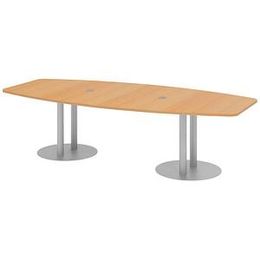 Hammerbacher Konferenztisch KT28S buche Tonnenform, Rundrohr silber, 280,0 x 85,0 - 130,0 x 74,0 cm