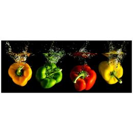 Wallario Acrylglasbild, Bunte Küche Paprika in rot gelb orange und grün im Wasser
