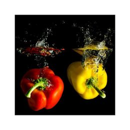 Wallario Acrylglasbild, Bunte Küche Paprika in rot gelb orange und grün im Wasser