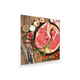 Primedeco Glasbild Wandbild Quadratisch Rindersteak und Gewürze mit Aufhängung