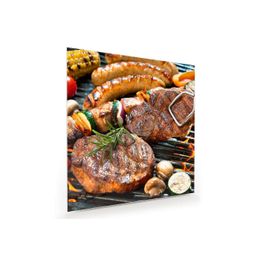 Primedeco Glasbild Wandbild Quadratisch Gemüse und Fleisch mit Aufhängung