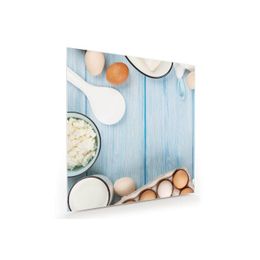 Primedeco Glasbild Wandbild Quadratisch Eier und Milch mit Aufhängung