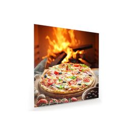 Primedeco Glasbild Wandbild Quadratisch Pizza aus dem Holzofen mit Aufhängung