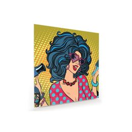 Primedeco Glasbild Wandbild Quadratisch Frau am Haare richten mit Aufhängung