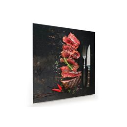 Primedeco Glasbild Wandbild Quadratisch Ribeye Steak geschnitten mit Aufhängung