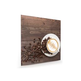 Primedeco Glasbild Wandbild Quadratisch Cappuccino und Bohnen mit Aufhängung