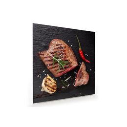 Primedeco Glasbild Wandbild Quadratisch Steak und Chilli mit Aufhängung
