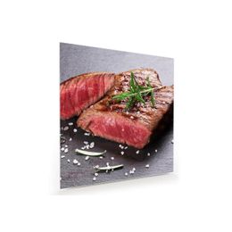 Primedeco Glasbild Wandbild Quadratisch Rosmarin auf Fleisch mit Aufhängung