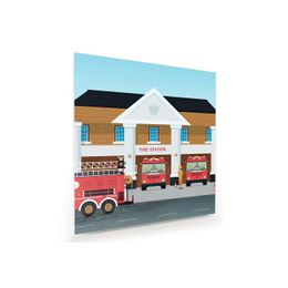 Primedeco Glasbild Wandbild Quadratisch Feuerwehrstation Szene mit Aufhängung