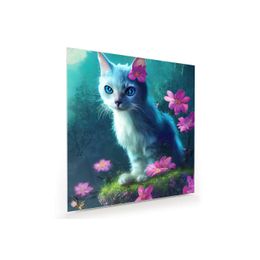 Primedeco Glasbild Wandbild Quadratisch Fantasie Katze Blumen mit Aufhängung