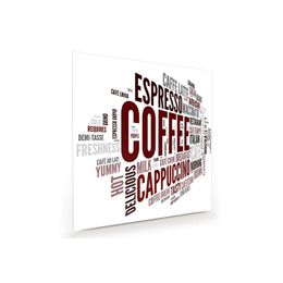 Primedeco Glasbild Wandbild Quadratisch Kaffee in Worten mit Aufhängung
