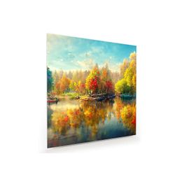 Primedeco Glasbild Wandbild Quadratisch Goldener Herbst am See mit Aufhängung