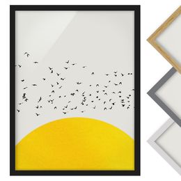 Bilderwelten Bild mit Rahmen Natur gelb modern inkl. Rahmung - Vogelschwarm vor gelber Sonne - Sonnenuntergang Wohnzimmer Schlafzimmer