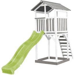 Beach Tower Spielturm aus Holz in Weiß & Grau Spielhaus für Kinder mit hellgrüner Rutsche und Sandkasten Stelzenhaus für den Garten - Weiß - AXI