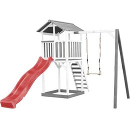 Beach Tower Spielturm aus Holz in Weiß & Grau Spielhaus für Kinder mit roter Rutsche, Schaukel und Sandkasten Stelzenhaus für den Garten - Weiß - AXI