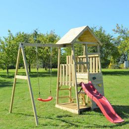 Kinderspielhaus, Kletterturm Gorilla mit Rutsche, Kletterwand, Sitzecke und Schaukel holz / rot - WENDI TOYS