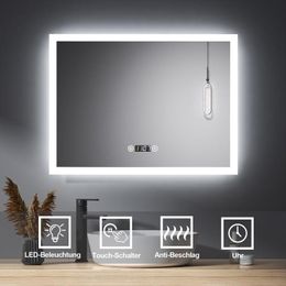 Badspiegel led Beleuchtung, 80x60cm Badezimmerspiegel mit Beschlagfrei, led Wandspiegel mit Uhr und Touch-Schalter - Meykoers