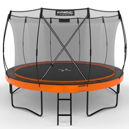 KINETIC SPORTS Premium Outdoor Trampolin 'Ultimate Pro' für Kinder und Erwachsene – TÜV Rheinland geprüft, Kürbis-Design, AirMAXX Sprungtuch, mit Leiter Ø 366 cm, Max. 160 kg, Sunset Orange