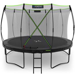 KINETIC SPORTS Premium Outdoor Trampolin 'Ultimate Pro' für Kinder und Erwachsene – TÜV Rheinland geprüft, Kürbis-Design, AirMAXX Sprungtuch, mit Leiter Schwarz-Neongrün Ø 366 cm