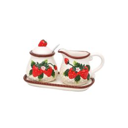 Neuetischkultur Zuckerdose Zuckerdose mit Löffel und Milchkännchen Erdbeere