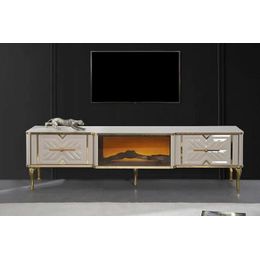 JVmoebel TV-Schrank Wohnzimmer RTV Lowboard Weiß + gold Kamin Luxus Exclusive (1-St.