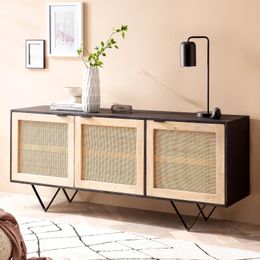 FineBuy Massivholz Sideboard 175cm Mango Design Kommode mit 3 Rattan Wiener Geflecht T&uuml;ren Schwarz