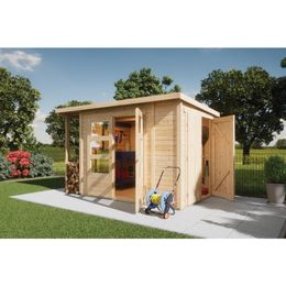 Karibu Gartenhaus 19 mm Multi Pultdach mit Schrank und Anbaudach naturbelassen inkl. Fu&szlig;boden & Dacheindeckung