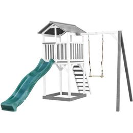 Beach Tower Spielturm aus Holz in Weiß & Grau Spielhaus für Kinder mit grüner Rutsche, Schaukel und Sandkasten Stelzenhaus für den Garten - Weiß - AXI