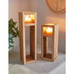 Dekoleidenschaft - 2x Windlichtsäule Wood aus Holz & Glas, 30 + 40 cm hoch, Kerzenhalter, Kerzenständer, Dekosäule für Wohnzimmer, Holzsäule mit