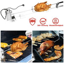 Swanew - Grillspieß Set Elektrischer Drehspieß für Gasgrill Rotisserie Grill mit 2x Fleischnadeln und Edelstahl Motor 220V-240V inkl. Motorhalterung