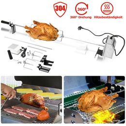 Edelstahl Grillspieß Set 117cm bbq Fleischklammer mit Motor inkl. Fleischnadeln 220V-240V Elektrischer Drehspieß Rotisserie Drehspiess Camping