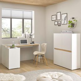Lomadox Büromöbel-Set CRISP-61, (Spar-Set, 3-tlg., Highboard Schreibtisch Regal), Büroausstattung Büroschrank Set weiß mit Eiche, grifflose Optik