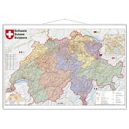 Stiefel Wandkarte Kleinformat Schweiz, Postleitzahlen, mit Metallstäben. Suisse. Svizzera, Karte (im Sinne von Landkarte)