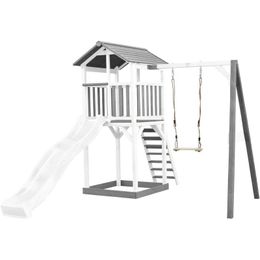 Beach Tower Spielturm aus Holz in Weiß & Grau Spielhaus für Kinder mit weißer Rutsche, Schaukel und Sandkasten Stelzenhaus für den Garten - Weiß - AXI