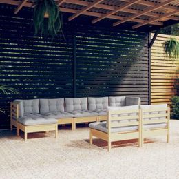9-tlg. Garten-Lounge-Set,Gartenmöbel-Set mit Grauen Kissen Kiefernholz vidaXL